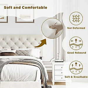 Twin Bed Frame with Fully Piece Headboard, Linen Upholstered Platform Bed with Wooden Slats, No Box Spring Needed, Easy Assembly, Beige