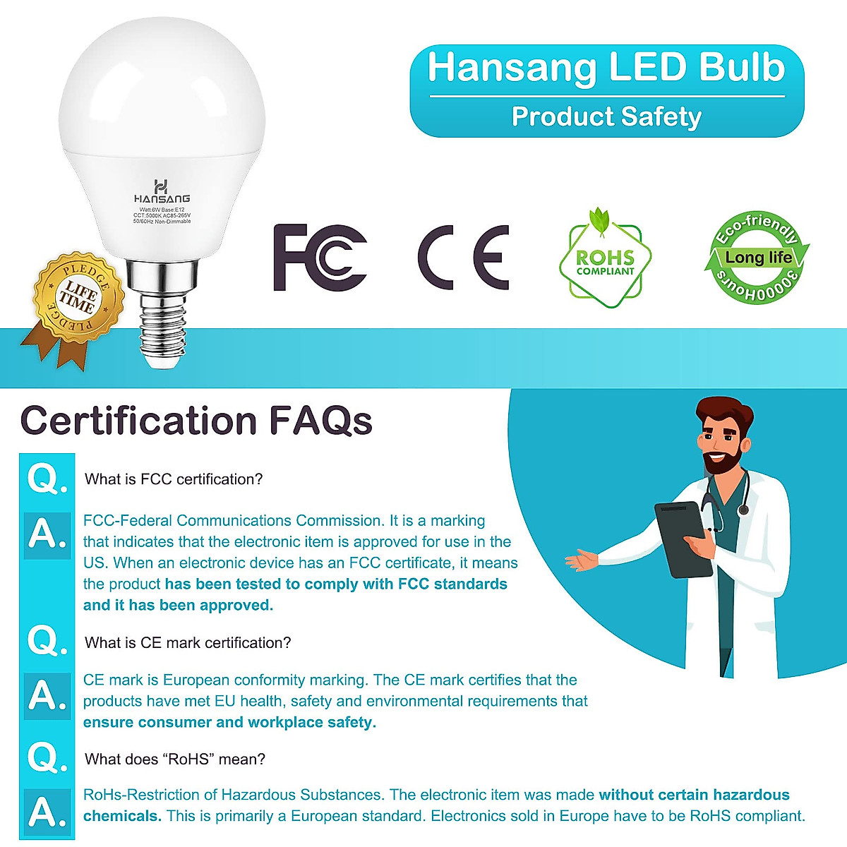 hansang E12 LED Bulb, Daylight 5000K, 60 Watt Equivalent Ceiling Fan Light Bulbs, E12 Small Base Candelabra LED Light Bulbs, 600 Lumen CRI 85+ Eye Protection, Non-dimmable 120V (85-265V Range) 6 Pack