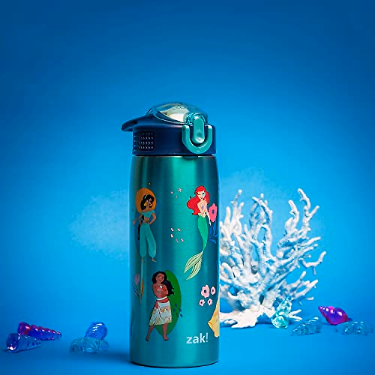 Zak Designs Disney Princess Water Bottle for Travel and At Home, 19 oz Vacuum Insulated Stainless Steel with Locking Spout Cover, Built-In Carrying Loop, Leak-Proof Design (Disney Princess)
