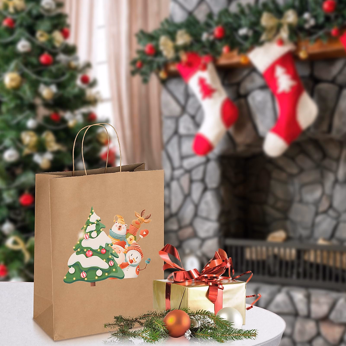 Oikss 100 Pack 10x5x13 Plain Natural Brown Kraft Paper Bags with Handles Bulk for Birthday Party Favors Grocery Retail Shopping Business Goody Recycled Craft Gift Bags (Large Size, 100 Count)