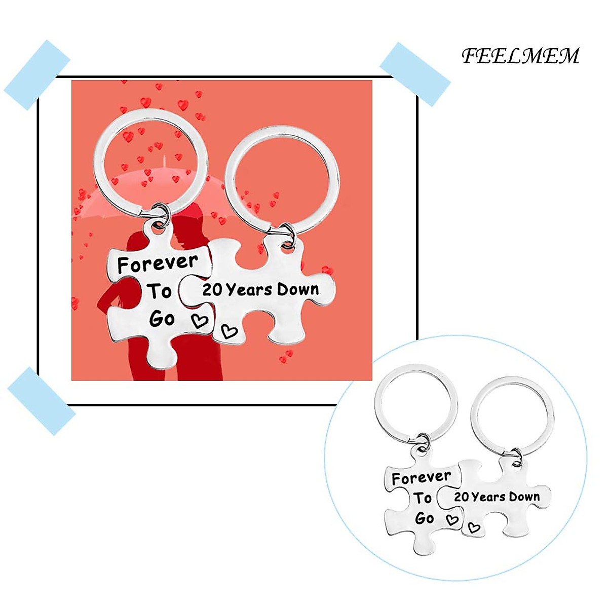 FEELMEM Couples Gifts 5th, 50th Years Down Forever to Go Puzzle Keychain Set of Two Wedding Anniversary Present (20th AV)