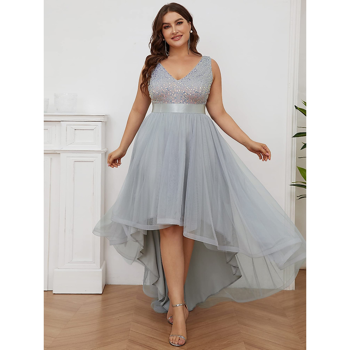Ever-Pretty Womens Double V Neck A Line High Low Sequin Tulle Plus Size Formal Dresses for Curvy Women Silver US16