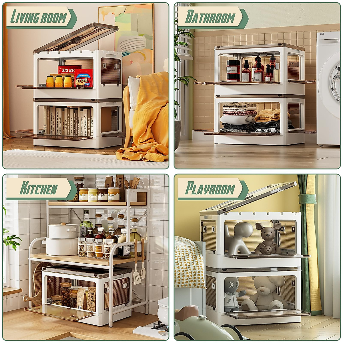 ocharzy Stackable Storage Bins,Collapsible Storage Bins with Lids and Doors,Folding Storage Boxes with Wheels,Plastic Storage Bins for Office,Home Storage