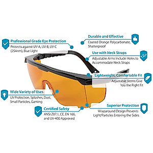 Professional UV Light Safety Glasses - Polycarbonate Shatterproof UVC Protection Goggles for Blocking up to UV 400 Rays and Blue Light - ANSI Z87.1 Approved with Yellow Tint Lens - Regular Fit