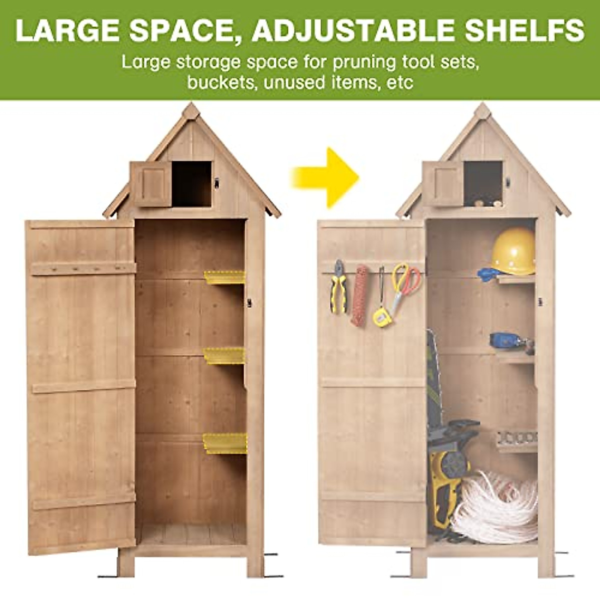 MELLCOM Outdoor Storage Shed, 70" Wood Garden Shed with Lockable Doors, Weather Resistant Tool Shed Organizer for Patio, Garden, Backyard, Lawn