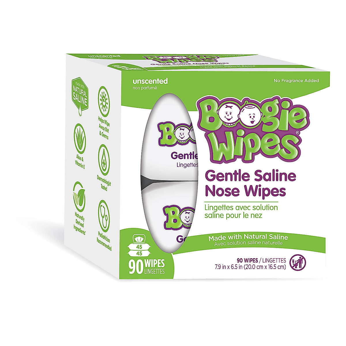 Saline Nose Wipes by Boogie, for Baby & Kids, Face, Hand & Body, FSA/HSA Eligible, Made with Vitamin E, Aloe, and Natural Saline, Unscented, 90 Count (Pack of 1)