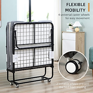 HOMCOM Rollaway Bed, Folding Bed with 4" Mattress, Portable Foldable Guest Bed with Sturdy Metal Frame and Wheels, 78.75"x35.5"x16.75", White
