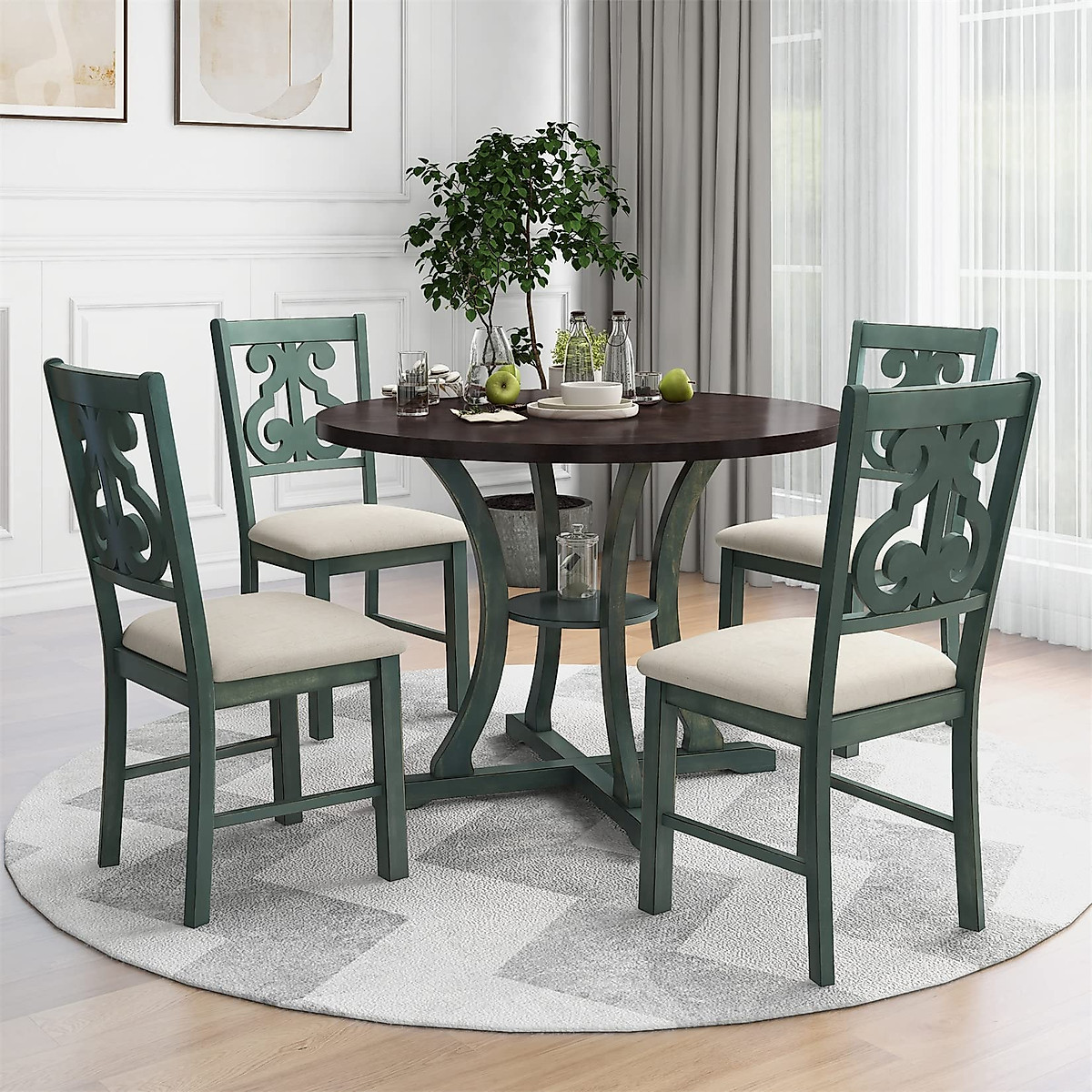 5 Piece Round Dining Table and Upholstered Chair Set with Special-Shaped Legs and Hollow Chair Back for Dining Room, Wood Kitchen Dining Set for 4 Persons (Antique Blue & Dark Brown)