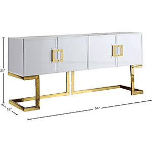 Meridian Furniture Beth Collection Modern | Contemporary Sideboard Buffet, Rich Gold Stainless Steel Base, White Laquer Finish, 64" W x 18" D x 31" H, Cabinet