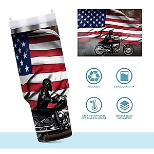 Motorcycle American Flag Vacuum Insulated Tumbler with Handle and Straw Lid for Water, Insulated Tumbler Cups 30 OZ / 0.89 L
