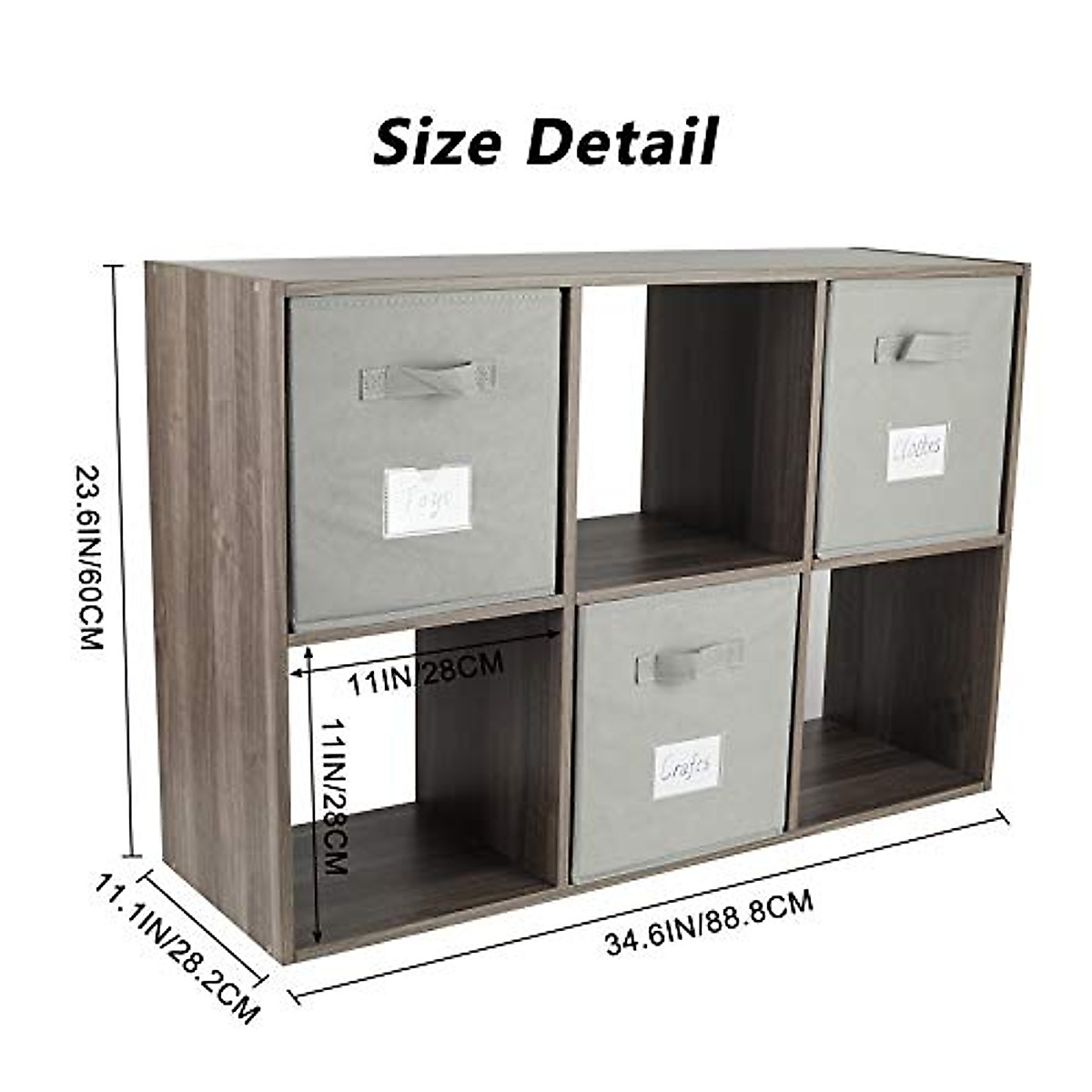 TQVAI 6 Cube Storage Organizer, Wood Storage Cubes Shelf with Fabric Storage Bin, Retro Grey