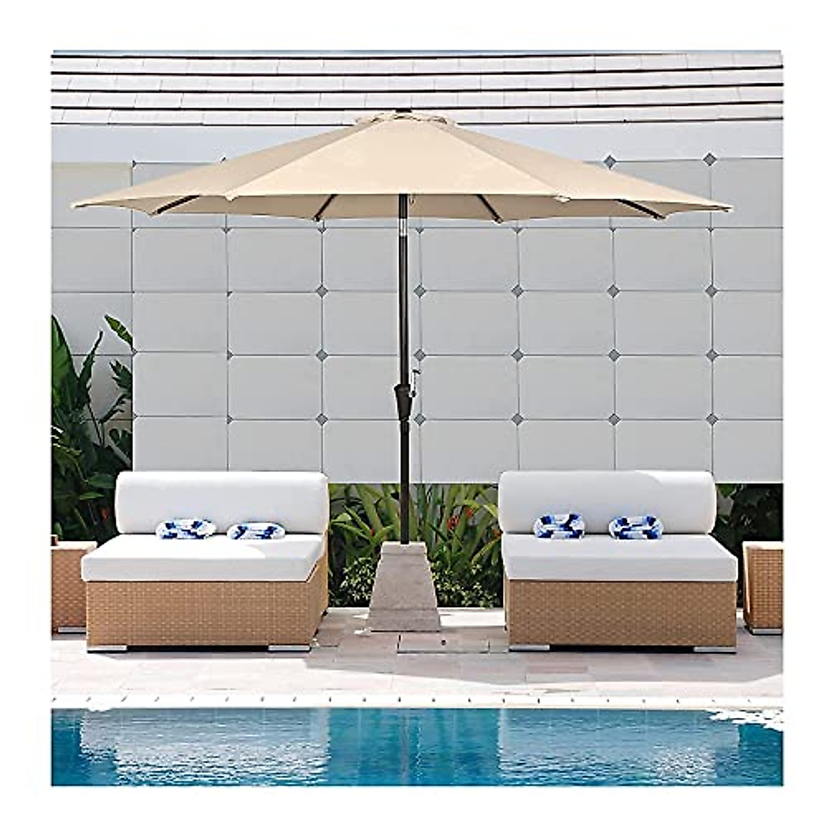 Hepoe 9' Patio Umbrella Outdoor Market Umbrellas with 8 Sturdy Ribs Push Button Tilt and Crank for Yard Garden Umbrellas (9 ft, Beige)