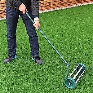 Goplus Rolling Lawn Aerator, 18-Inch Garden Yard Rotary Push Tine Heavy Duty Spike Soil Aeration, Manual Lawn Aeration Tool w/ 40.5-Inch Handle (Silver)