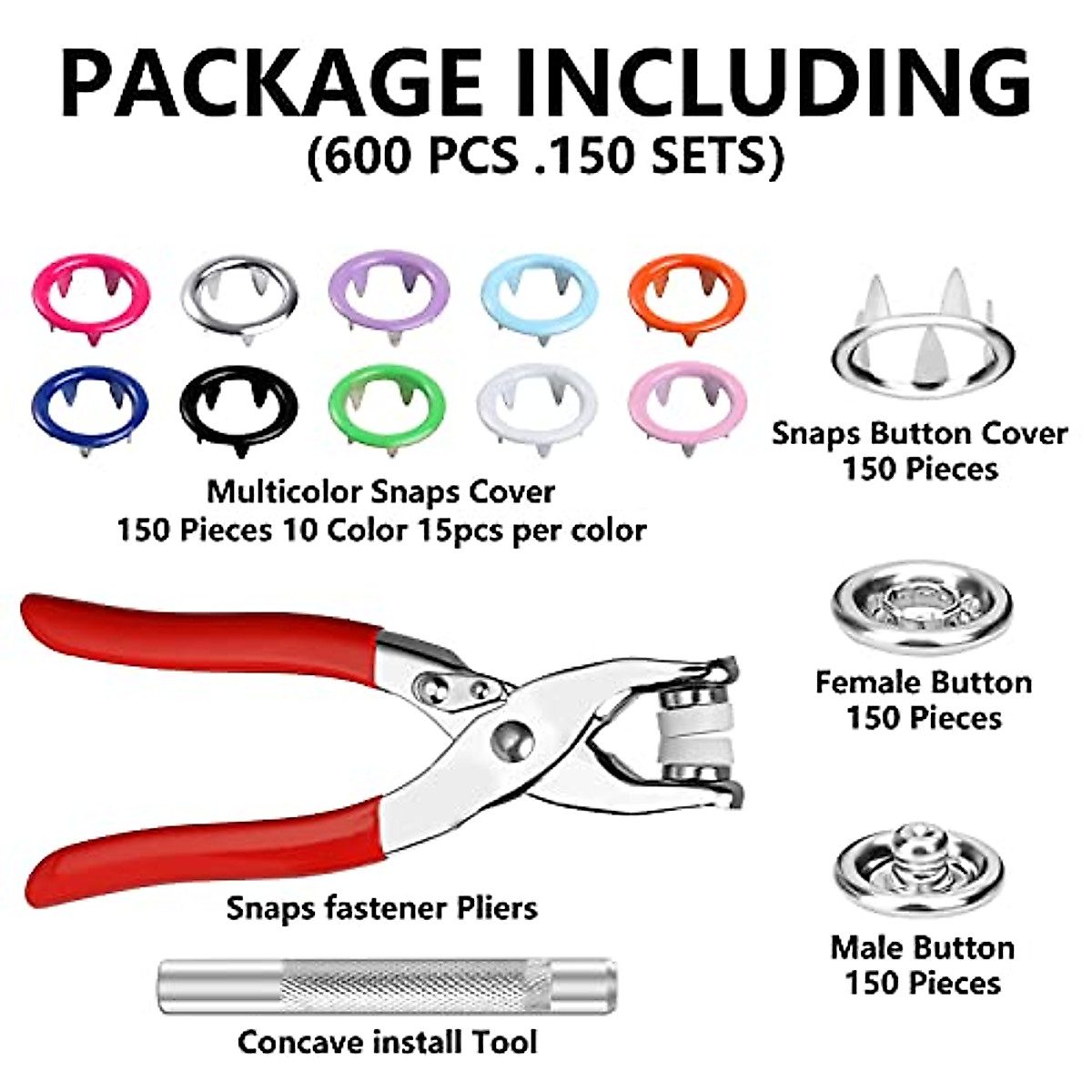 150 Sets Snap Button Snap Fastener kit Snaps 9.5mm Metal Snaps Buttons with Fastener Pliers Press Tool Kit Perfect for DIY Crafts Clothes Hats and Sewing(10 Colors)