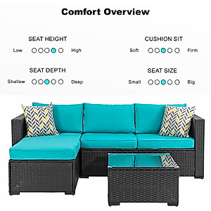 Walsunny Patio Furniture Set 3 Piece Outdoor Sectional Patio Sofa, All Weather Wicker Rattan Outdoor Furniture with Glass Table and Cushions(Black/Blue)