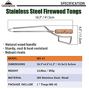 CAMPINGMOON Stainless Steel Fireplace Firewood Tongs MS-42