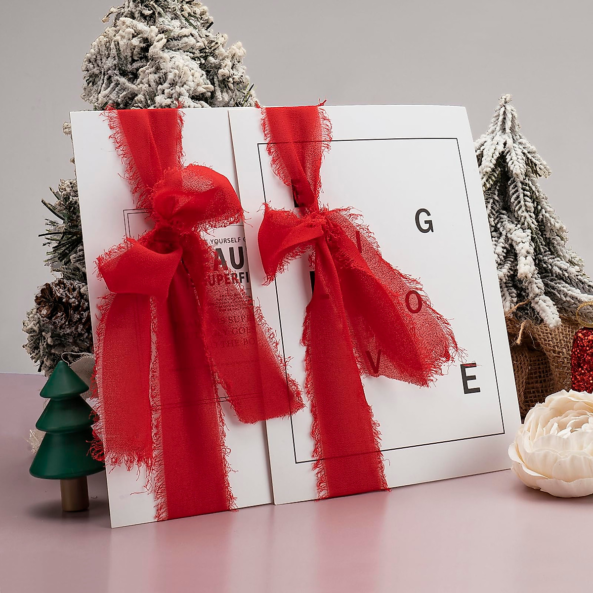 Chiffon Ribbon, 3 Rolls 21 Yards Red Handmade Fringe Chiffon Silk Ribbon 1.5" x 7Yd Ribbons Set for Wedding Invitations,Christmas, Bridal Bouquets, Gifts Wrapping, DIY Crafts