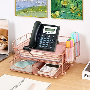 Youbetia Desktop Organizer, 3 Drawer Jewelry Organizer with Pen Holders, Rose Gold, for Office Supplies and Skincare