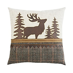 Comfy Hour Wildlife Collection 14"x14" Plaid Moose with Christmas Tree Accent and Throw Pillow, Winter Decorative Cushion, Polyester