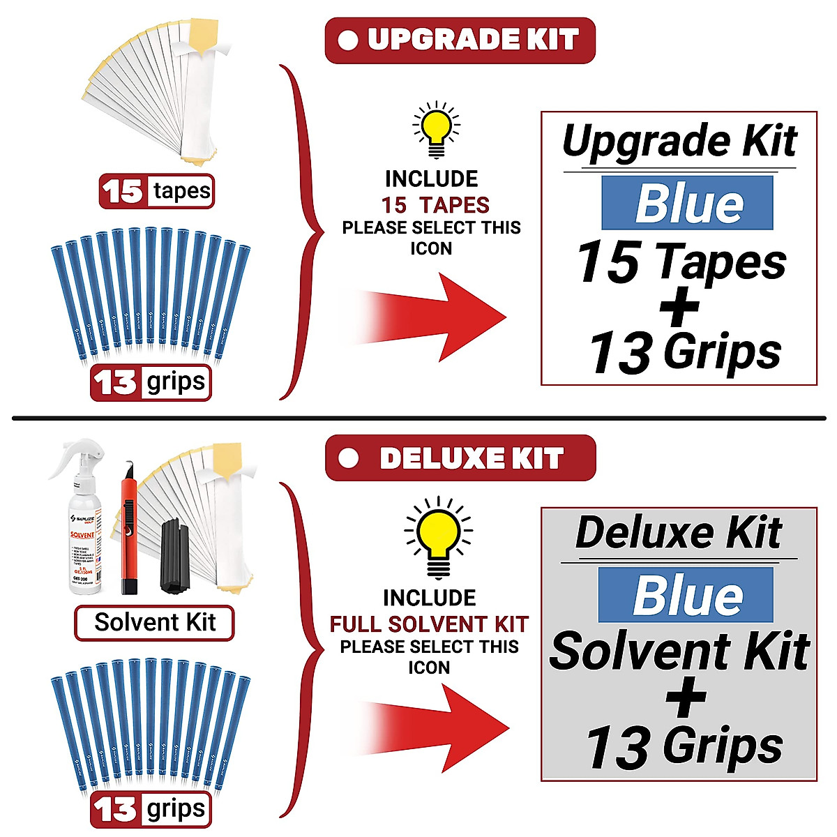 SAPLIZE Rubber Golf Grips, 13 Grips with Complete Regripping Kit, Standard Size, Golf Club Grip, Blue