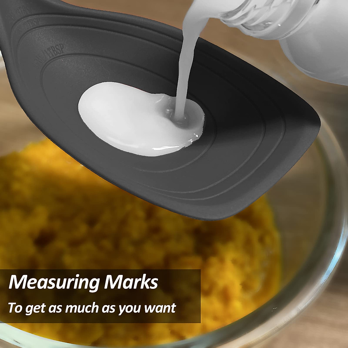 2 Pack Large Silicone Cooking Spoon, Non-Stick Slotted and Solid Spoon set with Deep Bolw and Measurement Mark for Mixing, Serving, Draining, Scooping, Scraping, Heat Resistant Kitchen Utensils, Black