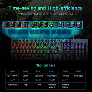 Mechanical Gaming Keyboard Full Size, Bllean LED Rainbow Backlit Ultra-Slim Wired Keyboard with Blue Switches, Full-Key Rollover, Ergonomic Water-Resistant USB Keyboard for Windows Mac Gaming