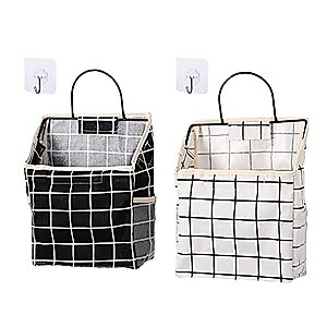 2Pcs Wall Hanging Storage Bag, Over The Door Organizer,Multifunctional Storage Shelves with Hook Pockets Cotton Linen Storage Basket Family Organizer Box Containers for Kitchen,Bedroom, Bathroom-Bag1