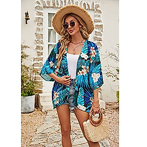 Women Chiffon Kimono Cardigans Tropical Tops Hawaiian Shirts Summer Beach Sheer 3/4 Sleeve Leaf Print (Black, M)