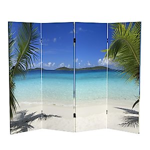 Red Lantern 4 ft. Short Double Sided Beach Canvas Folding Screen 4 Panel Freestanding Partition and Separator for Modern and Contemporary Bedroom, Home Office, Studio, Dorm, Apartment