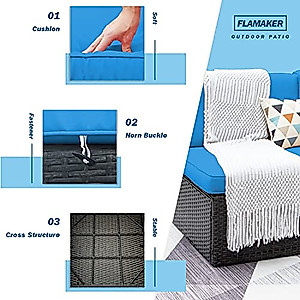 Flamaker 2 Pieces Patio Furniture Set Outdoor Loveseat All Weather PE Rattan Sofa Chair Set Corner Sofa Armless Sofa with Padded Soft Cushion (Blue)