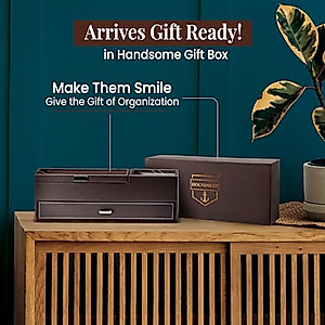 HOUNDSBAY Valet Tray and Nightstand Organizer - Hand Crafted EDC Tray with Phone Area, Cable Cutaway, Drawer – Durable, Scratch Resistant Materials - Compact Footprint with Ample Storage - Valet Box