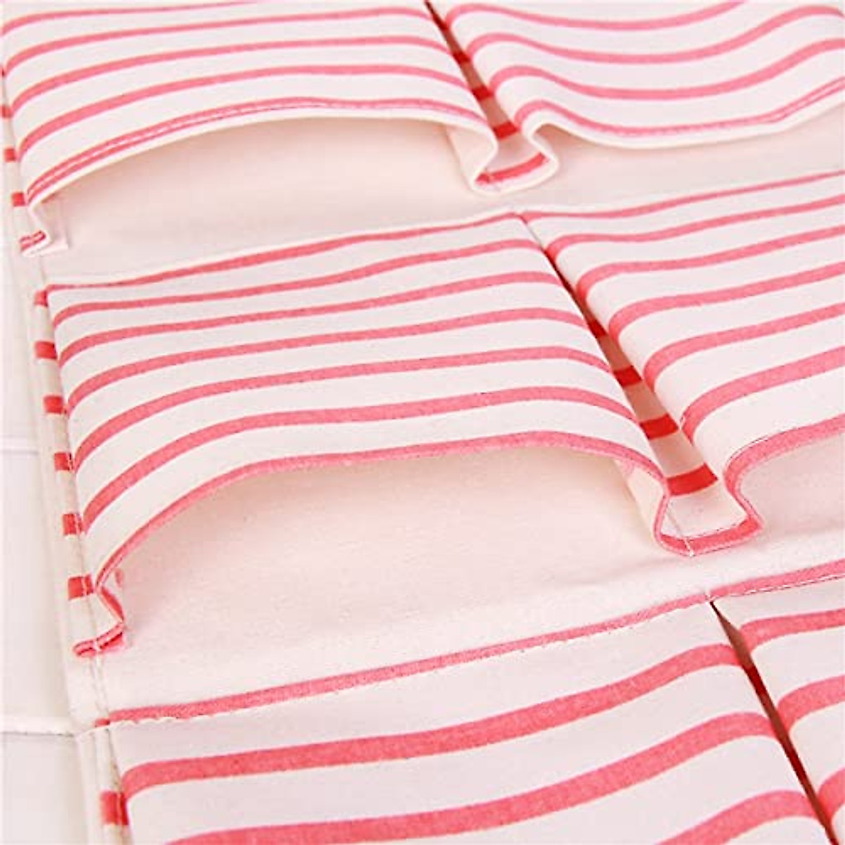 Halyuhn 24 x 10 Inch 6 Pockets Wall Hanging Storage Bag, White Red Striated Waterproof Linen Fabric Organizer with Self Adhesive Hook Wood Bar, Narrow 3-Shelf Over The Door Closet Pockets Chart