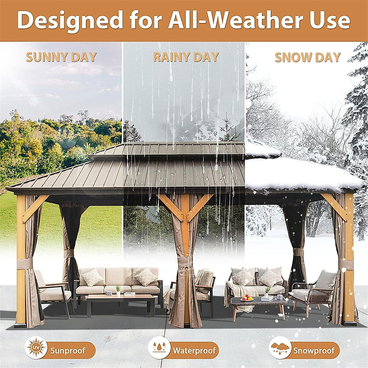 12'x20' Hardtop Gazebo with Cedar Wood Frame, Outdoor Wood Gazebo with Galvanized Steel Double Roof, Permanent Metal Roof Gazebo with Curtains and Netting for Patio, Backyard and Lawn(Brown)