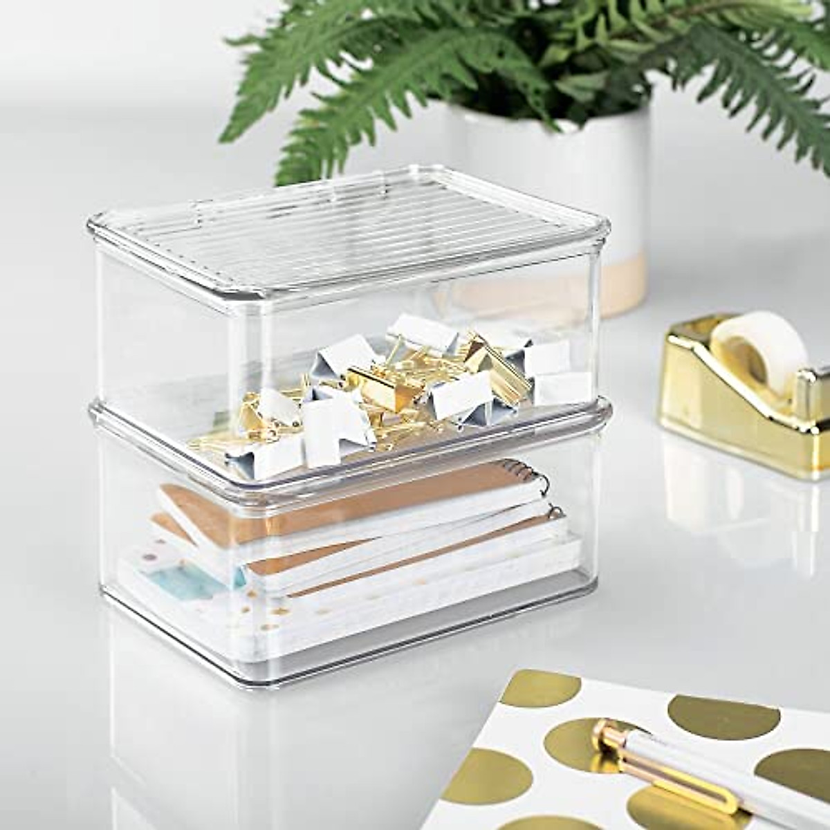 mDesign Small Plastic Home Office Storage Organizer Box Containers with Hinged Lid for Desktops - Holds Pens, Pencils, Sticky Notes, Highlighters, Staples, and Supplies - Clear