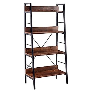 Ladder Shelf 4-Tier Bookshelf Plant Stand Kitchen Storage Rack Industrial Display Leaning Bookcase with Steel Frame Modern Wood Organizer Shelves Metal Furniture Home for Living Room Bedroom Office