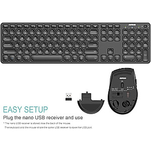 Arteck 2.4G Wireless Keyboard and Mouse Combo Ultra Slim Full Size Keyboard Keyboard and Ergonomic Mice for Computer Desktop PC Laptop and Windows 11/10/8/7 Build in USB-C Rechargeable Battery