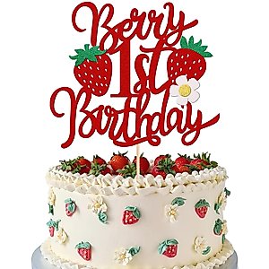 1 PCS Berry 1st Birthday Cake Topper with Flower Glitter Sweet Fruit Theme First Birthday Strawberry One Cake Pick for Strawberry Theme Baby Shower Kids 1st Birthday Party Cake Decorations Supplies