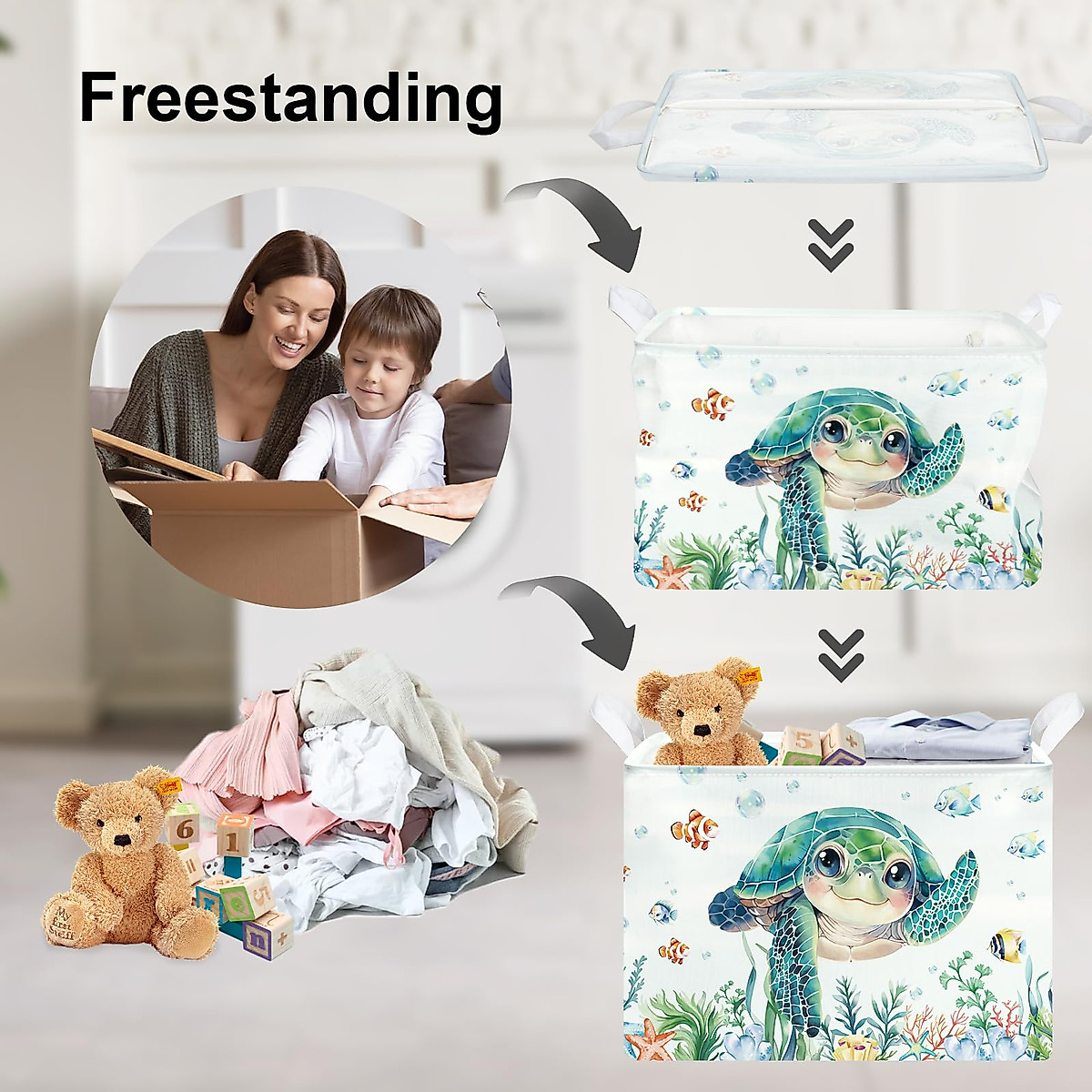 Clastyle 36L Fish Sea Turtle Baby Basket Ocean Coral Seaweed Starfish Toy Book Shelf Basket Waterproof Pool Toy Beach Towel Storage Bin Large Rectangle Collapsible Dirty Clothes Basket