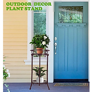 Metal Plant Stands Indoor, 2 Tier Tall Plant Stand Outdoor Potted Flower Pot Holder, Anti-Rust Heavy Duty Multiple Holder Shelf Rack 20.3" (Brown)