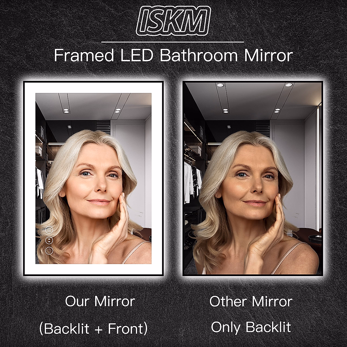 ISKM LED Mirror for Bathroom 40x24 Inch, Framed Adjustable Backlit and Front Lighted Anti-Fog Wall Mounted Mirror with Memory Function, Shatterproof and Waterproof