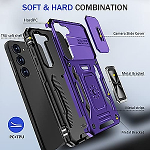 BaHaHoues for Samsung Galaxy S23 Case with Slide Camera Cover for Samsung S23 Case with 360° Rotatable Magnetic Kickstand Ring, Military Grade Shockproof Protective Case for Galaxy S23 5G (Purple)