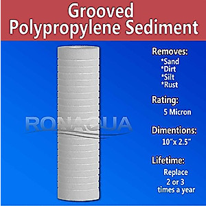 Grooved Sediment Water Filter Cartridge by Ronaqua 10"x 2.5", Four Layers of Filtration, Removes Sand, Dirt, Silt, Rust, made from Polypropylene (6 Pack, 5 Micron)