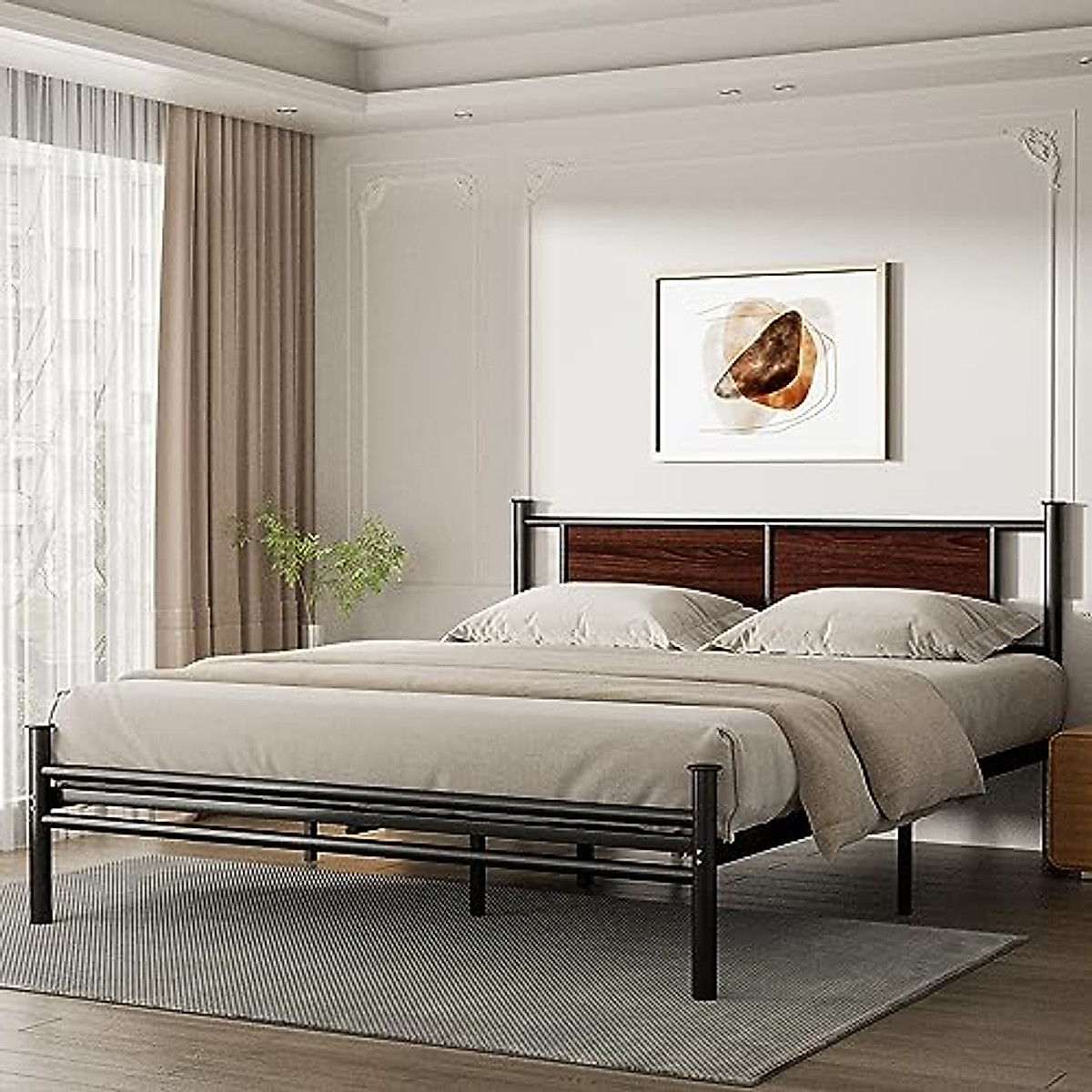 HAOARA California King Size Bed Frame with Rustic Wood Headboard, Metal Heavy Duty Platform Frame, Sturdy Steel Slat Support, No Box Spring Needed, Black