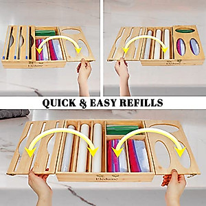 Foil and Plastic Wrap Organizer with Ziplock Bag Organizer, 6 in 1 Plastic Wrap Dispenser with Cutter, Bamboo Ziplock Bag Storage Organizer for Kitchen Drawer, For Gallon,Quart,Sandwich,Snack,13” Roll