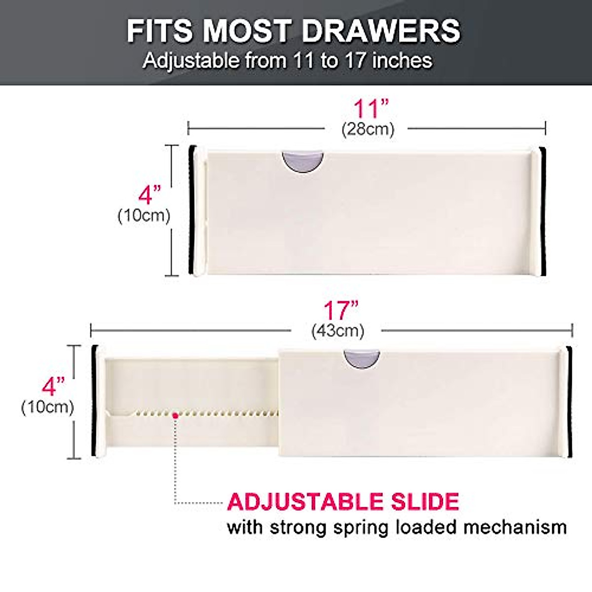 Drawer Dividers Organizer 4 Pack, Adjustable Separators 4" High Expandable from 11-17" for Bedroom, Bathroom, Closet,Clothing, Office, Kitchen Storage, Strong Secure Hold, Foam Ends, Locks in Place