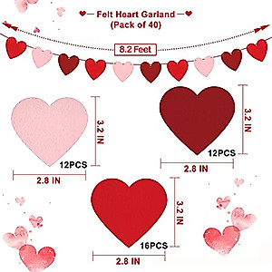 Felt Heart Garland for Valentines Day Decor - Pack of 40, Valentines Day Banner Decor, 4 Pcs Valentine’s Day Garland, Heart Garland for Anniversary Wedding Party Home Office Wall Decorations