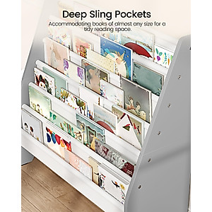 CHOEZON 6-Tier Kids Bookshelf, Kids Sling Bookcase, Magazine and Book Storage Rack, Large Capacity Book Organizer, Book Shelf for Kids Room, Bedroom, Nursery, Playroom, White and Gray MCW07WG