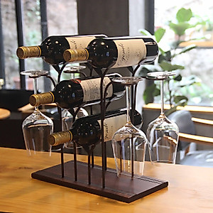 Wine Rack Countertop, Wine Holder and Glass Holder, Hold 4 Wine Bottles and 4 Glasses, Perfect for Home Decor & Kitchen Storage Rack, Bar, Wine Cellar, Cabinet, Pantry, etc, Wood & Metal (Bronze)