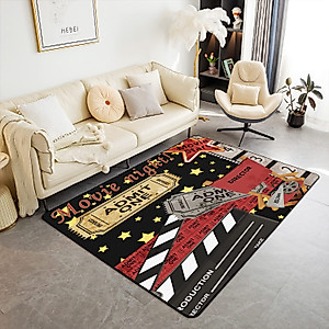 Movie Night Decor Carpet, Cinema Poster Star Print Living Room Rugs for Popcorn Indoor Floor Mat Old Fashion Home Decor Director Film Decor Area Rug 3'x5'
