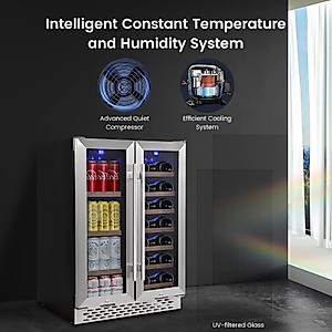 Acekool Wine and Beverage Refrigerator, 55 Cans and 20 Bottles Large Dual Zone Wine Cooler with Quiet Compressor, Blue LED, Dual Zone Temperature 24 Inch Under Counter Wine Fridge for Home Bedroom